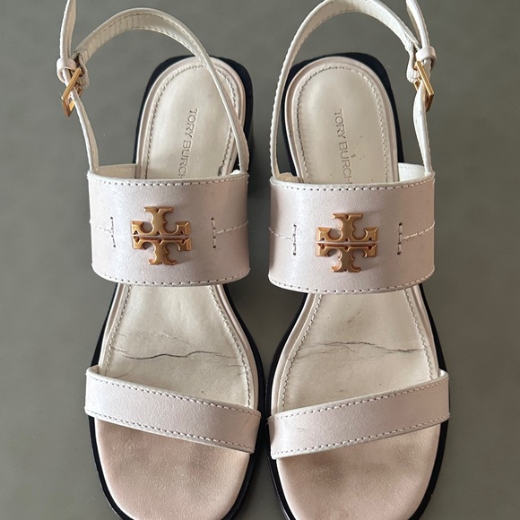 Tory Burch | Shoes | Tory Burch Cream Sandals With Gold Logo | Poshmark
